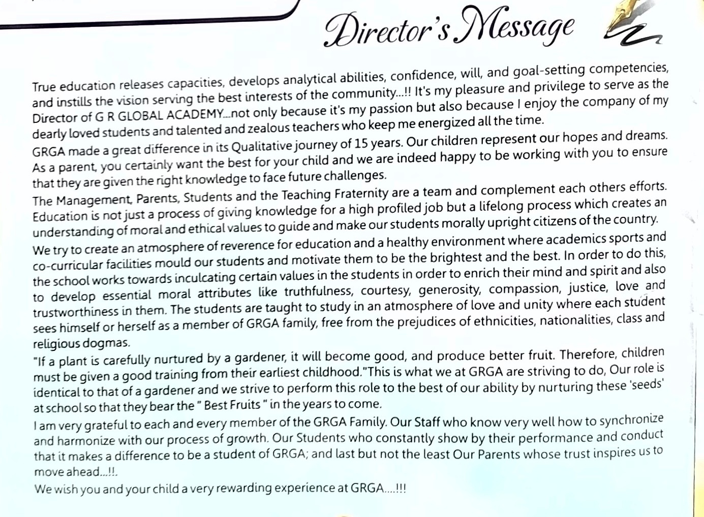 Director’s Message – G R Global Academy, Kenchiya